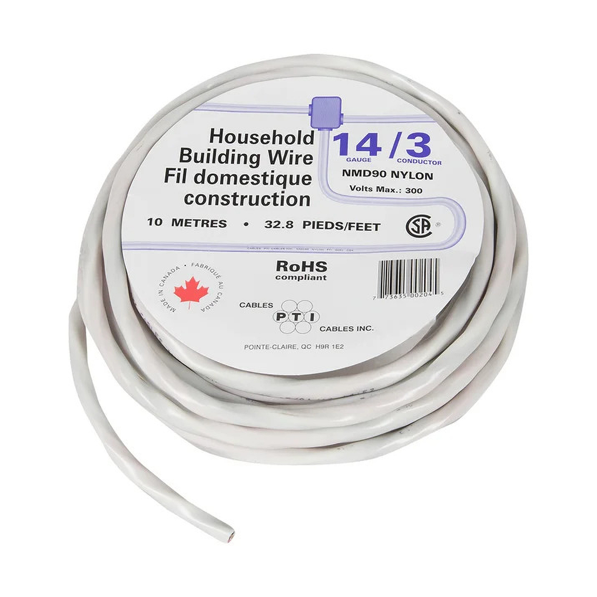 Fil électrique d'intérieur 14/3 NMD-90 blanc Câbles Pti | Matério